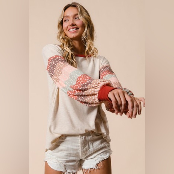BiBi | Tops | Bibi French Terry And Print Mixed Top Oatmeal | Poshmark